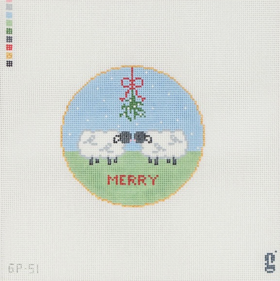 Mistletoe Sheep Round Needlepoint Canvas – Solo Daughter Stitchery